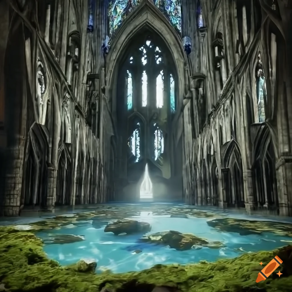 A mystic cathedral filled with crystals, pond, stone overgrown with ...
