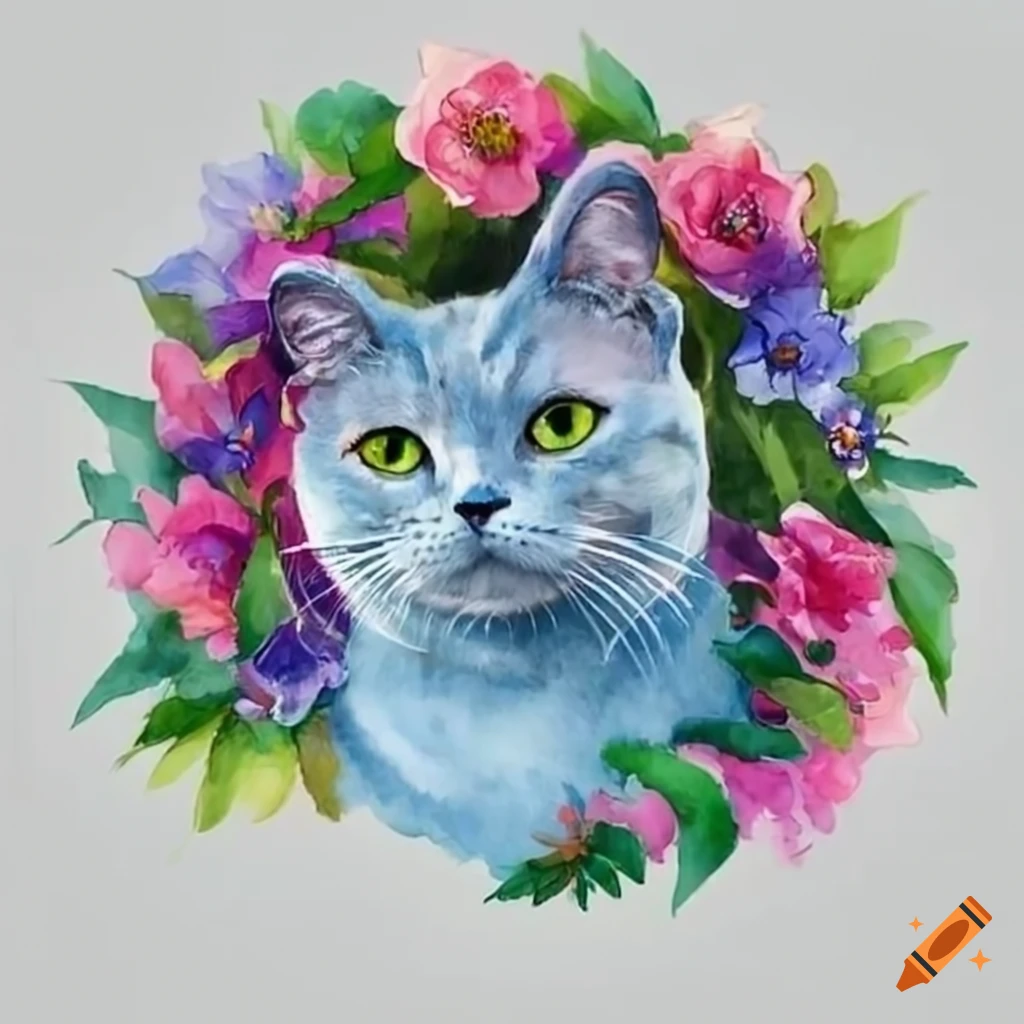 A stunning blue cat posing elegantly with a flower wreath