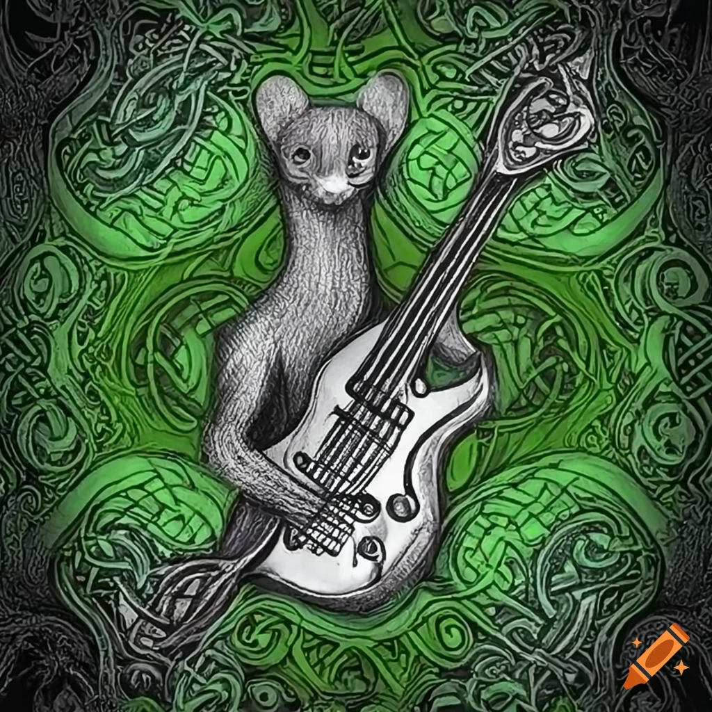 Celtic green heart with a bass guitar with a small weasel on Craiyon