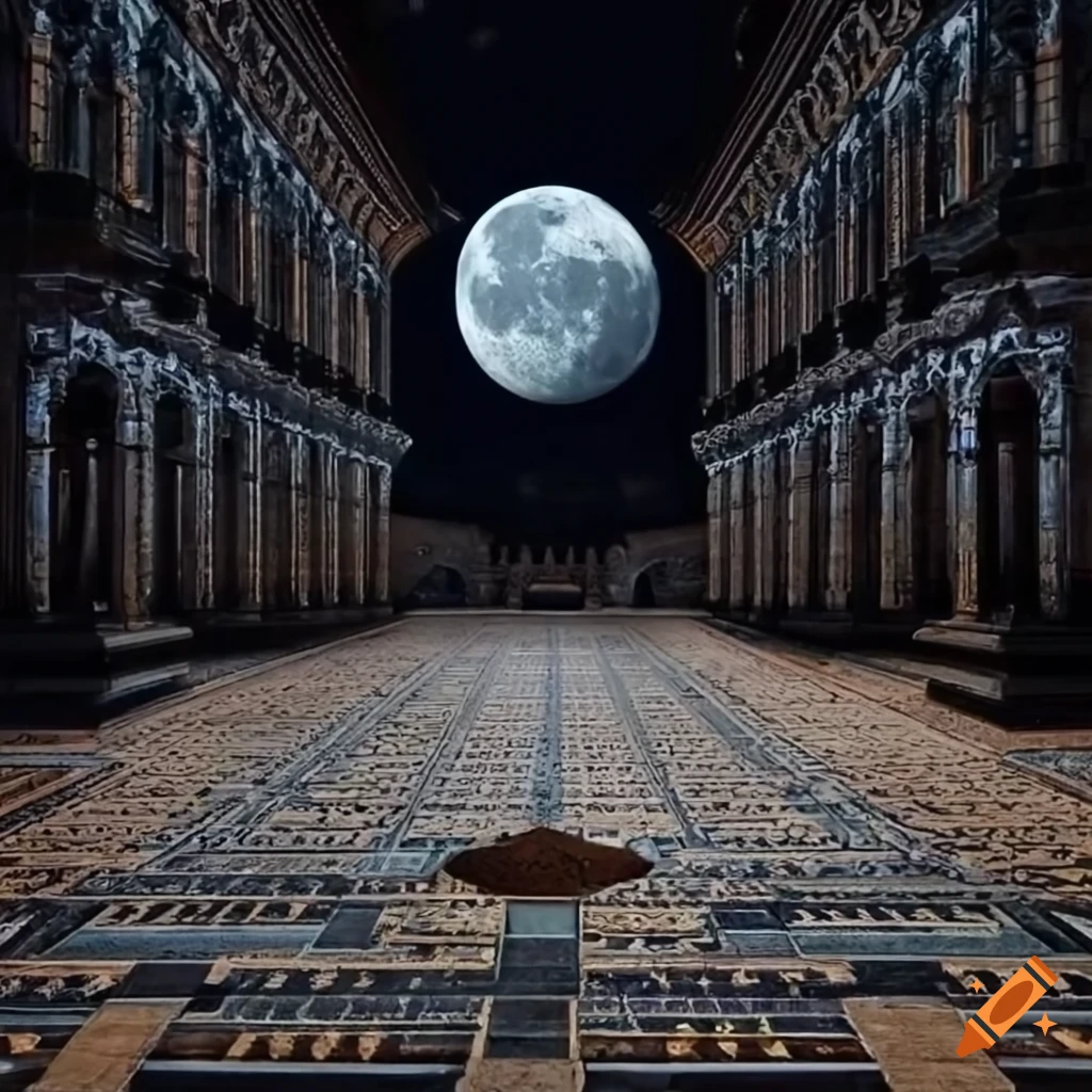 The moon palace with square tiles on the floor, space, stars and ...