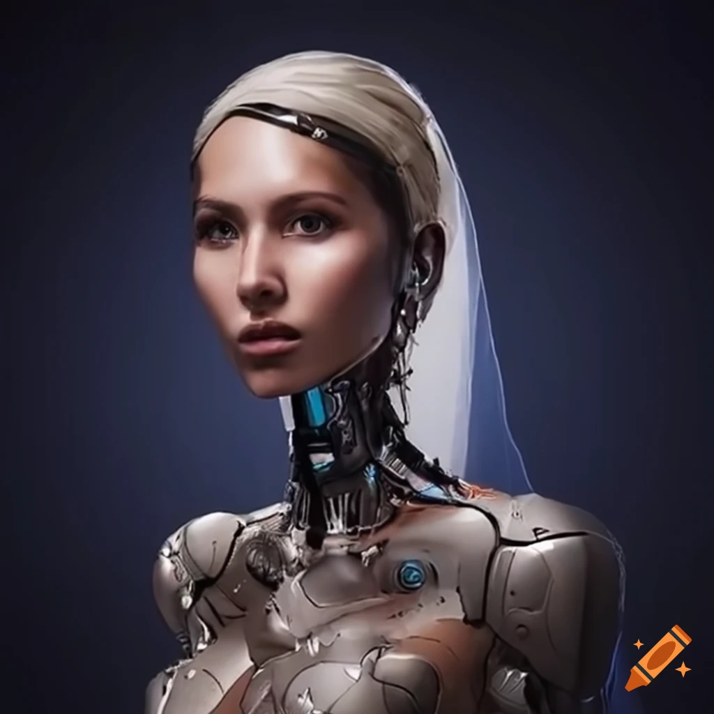 Full body high tech cyborg in wedding dress and one arm is a laser cannon