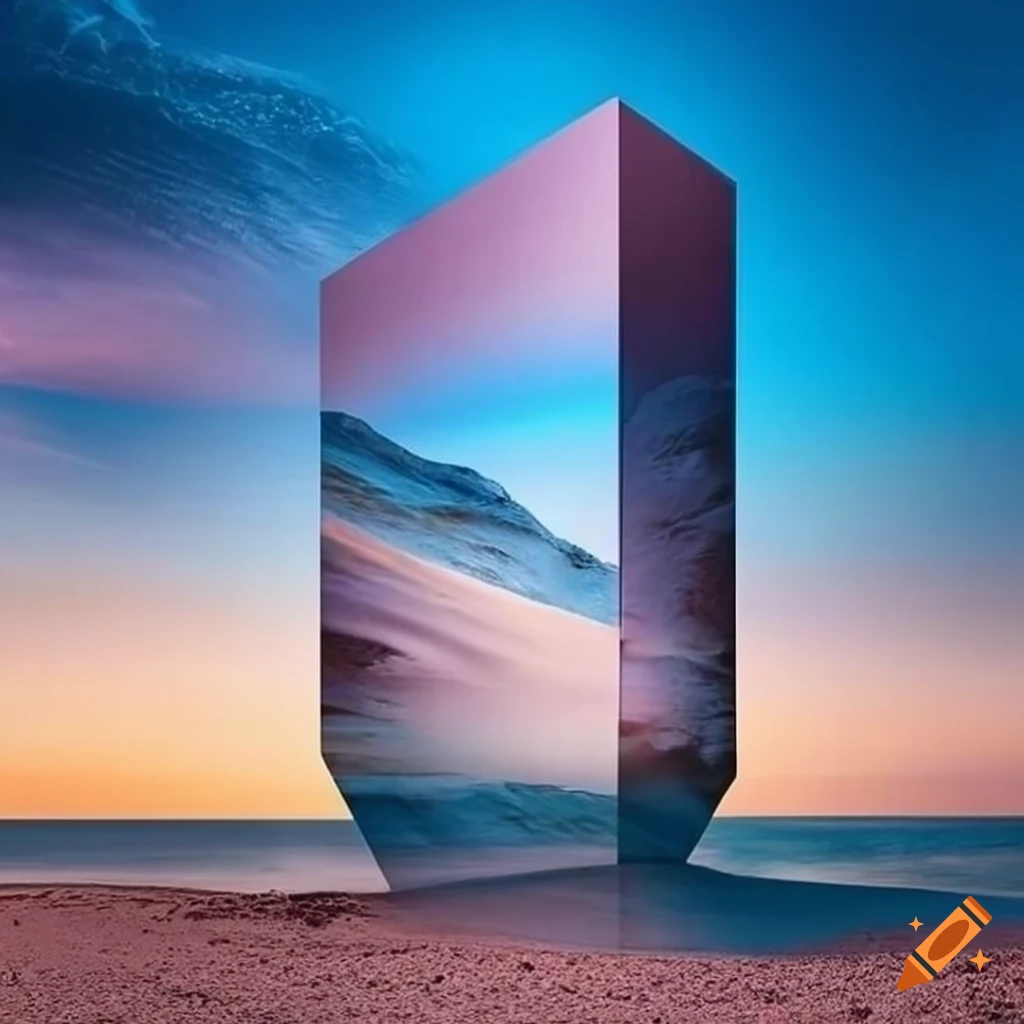 Impressive crystal monolith reflecting the serene beach surroundings on ...