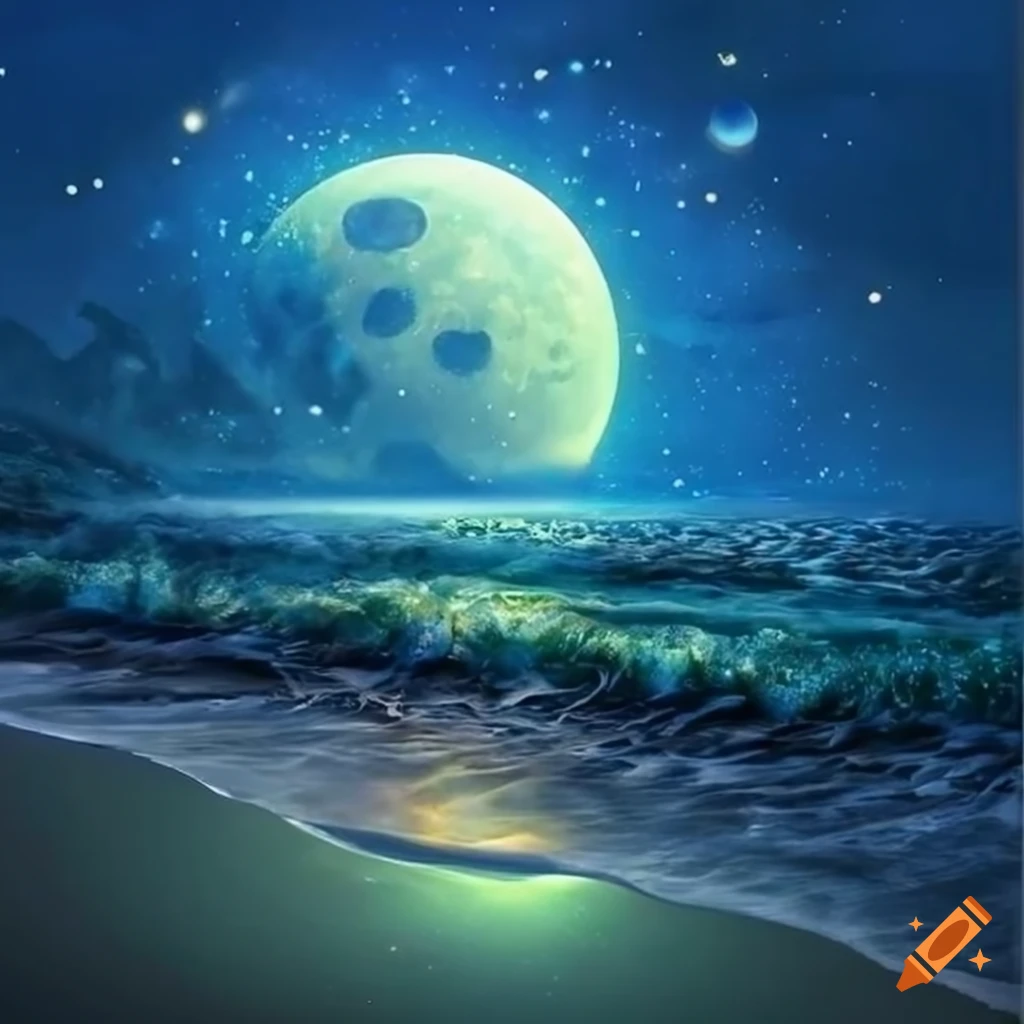A tranquil hyper realistic beach shimmering under the moonlight with glowing crystals on Craiyon