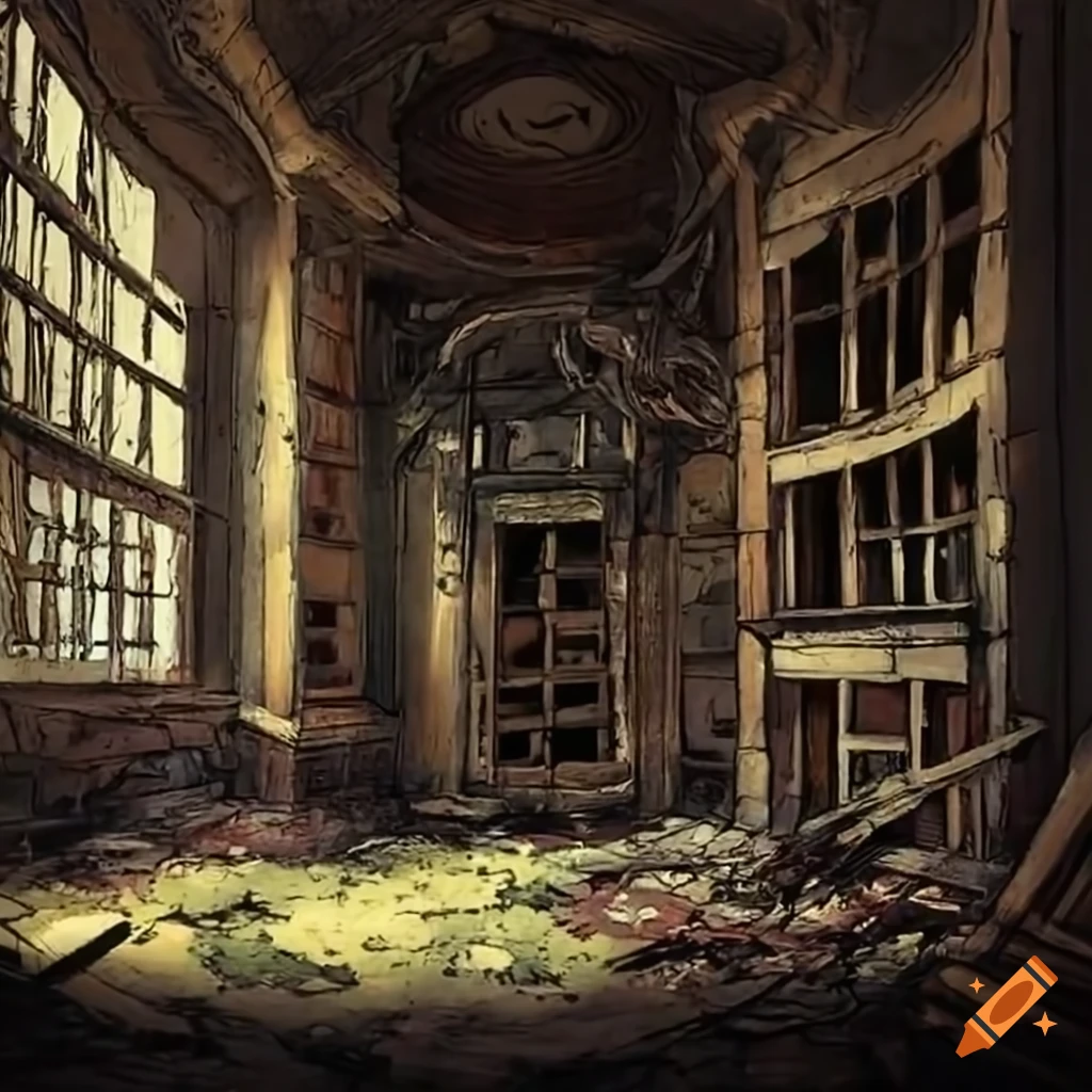 Abandoned library with falling trees on Craiyon