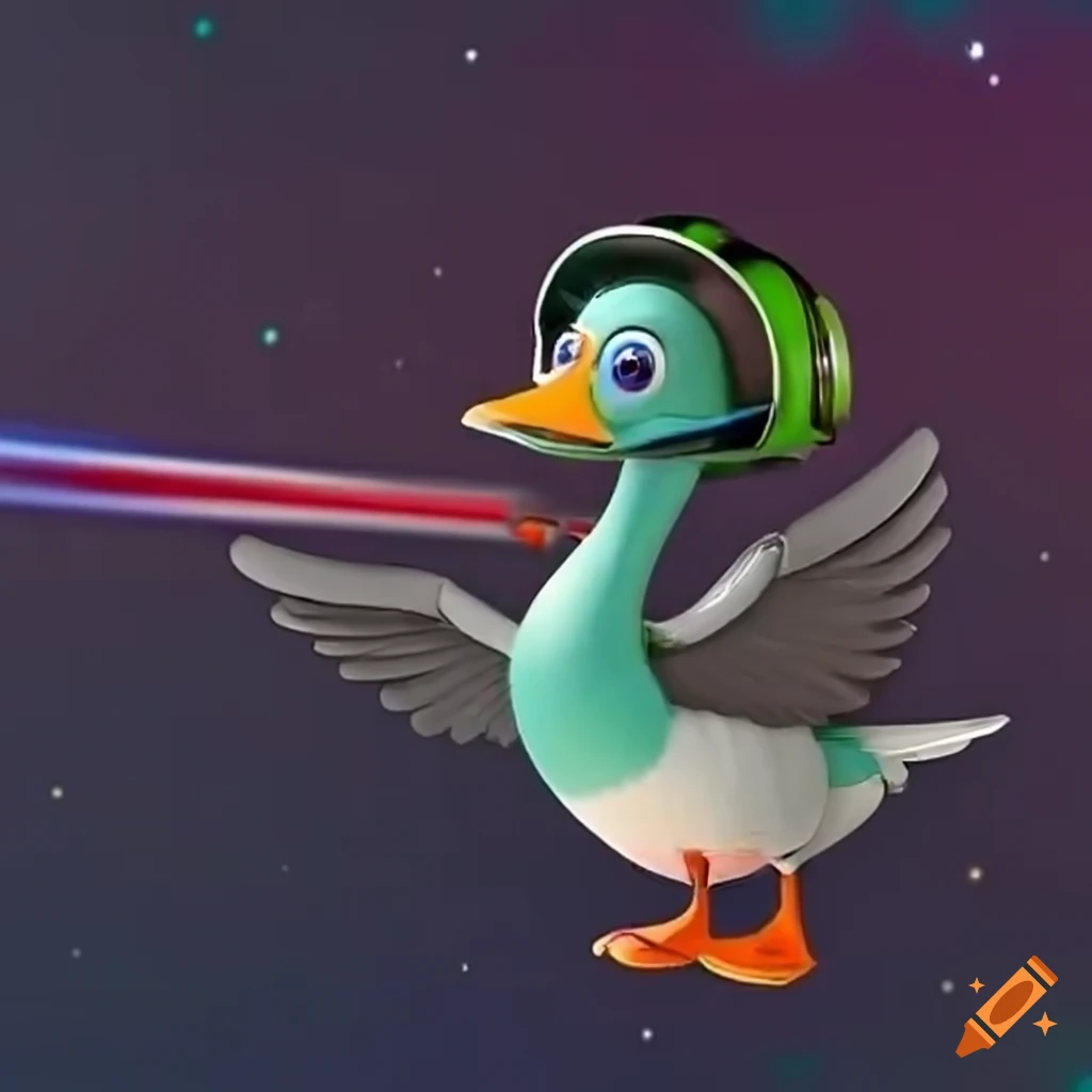 A cartoon goose, wearing a helmet, flying in space with missiles on Craiyon