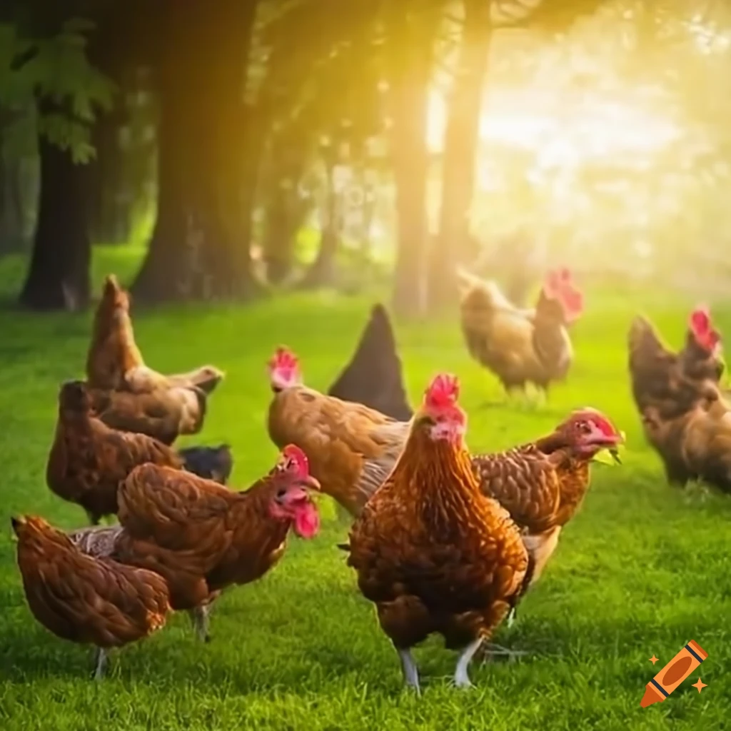 A flock of chickens grazing in a sunny meadow