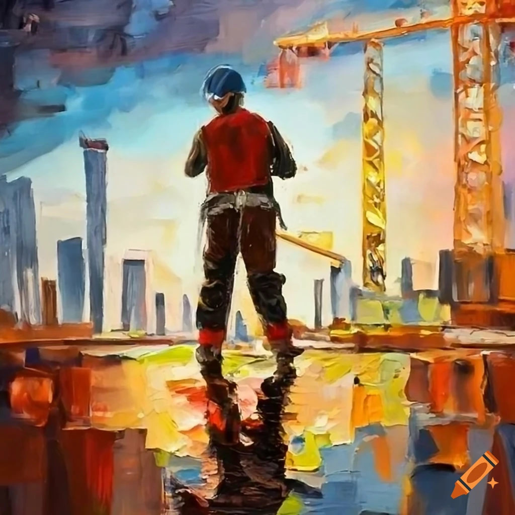 Oil painting of construction workers going to work on Craiyon