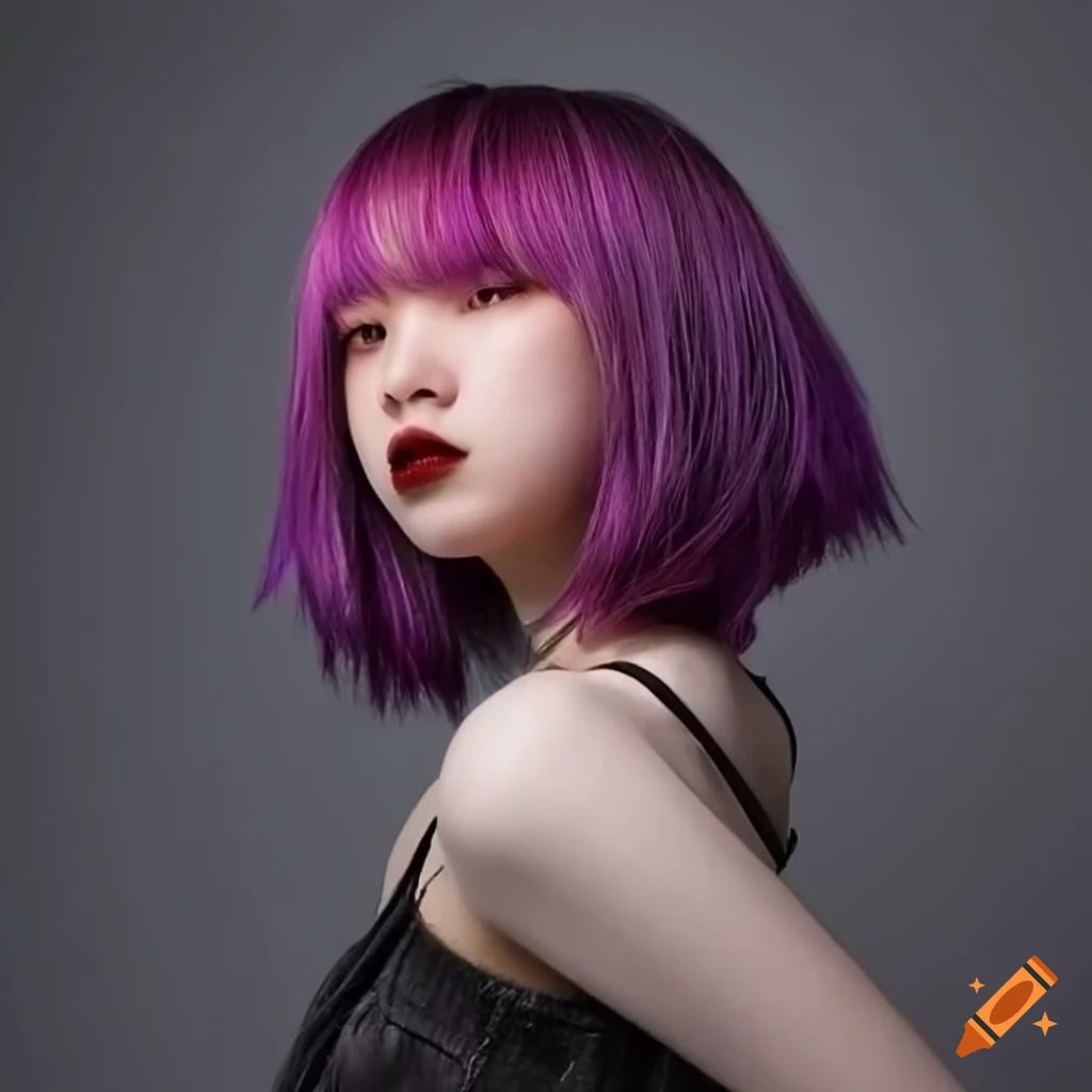 Chica con pelo morado ciber punk, cabello corto un poco largo con fleco ...