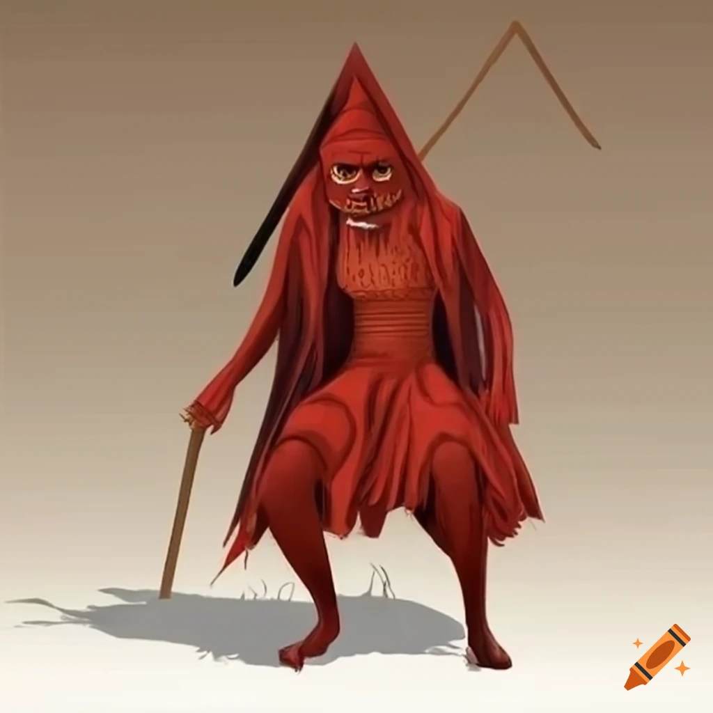 Medieval art of uncanny red tribe digging against a white background on ...