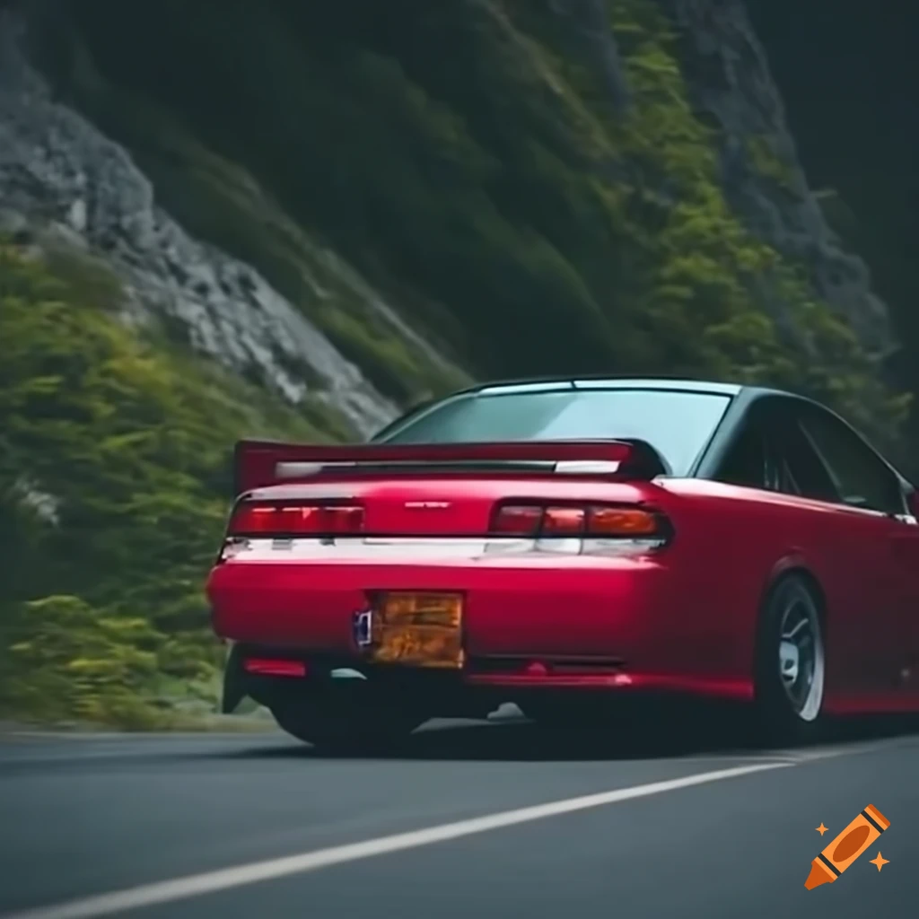 An sleek nissan s14 on a mountain road on Craiyon
