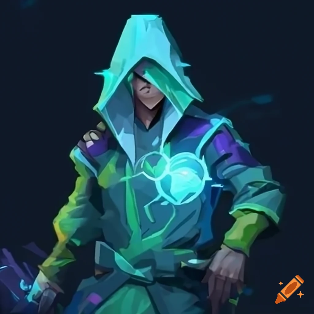 Valorant wizard man with green and blue attire casting a spell on Craiyon
