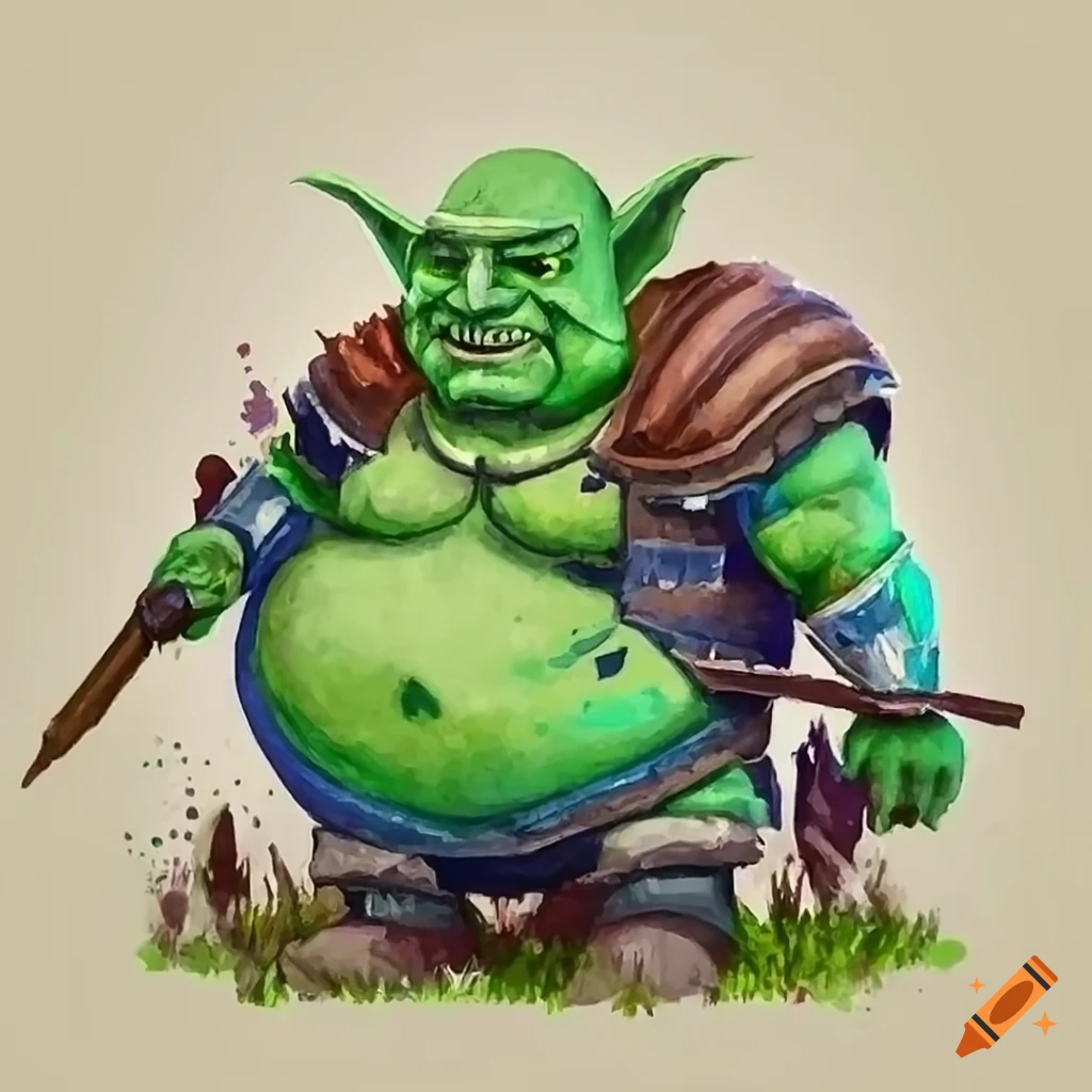 Bald fat green-skinned goblin warrior with a huge belly wearing armor
