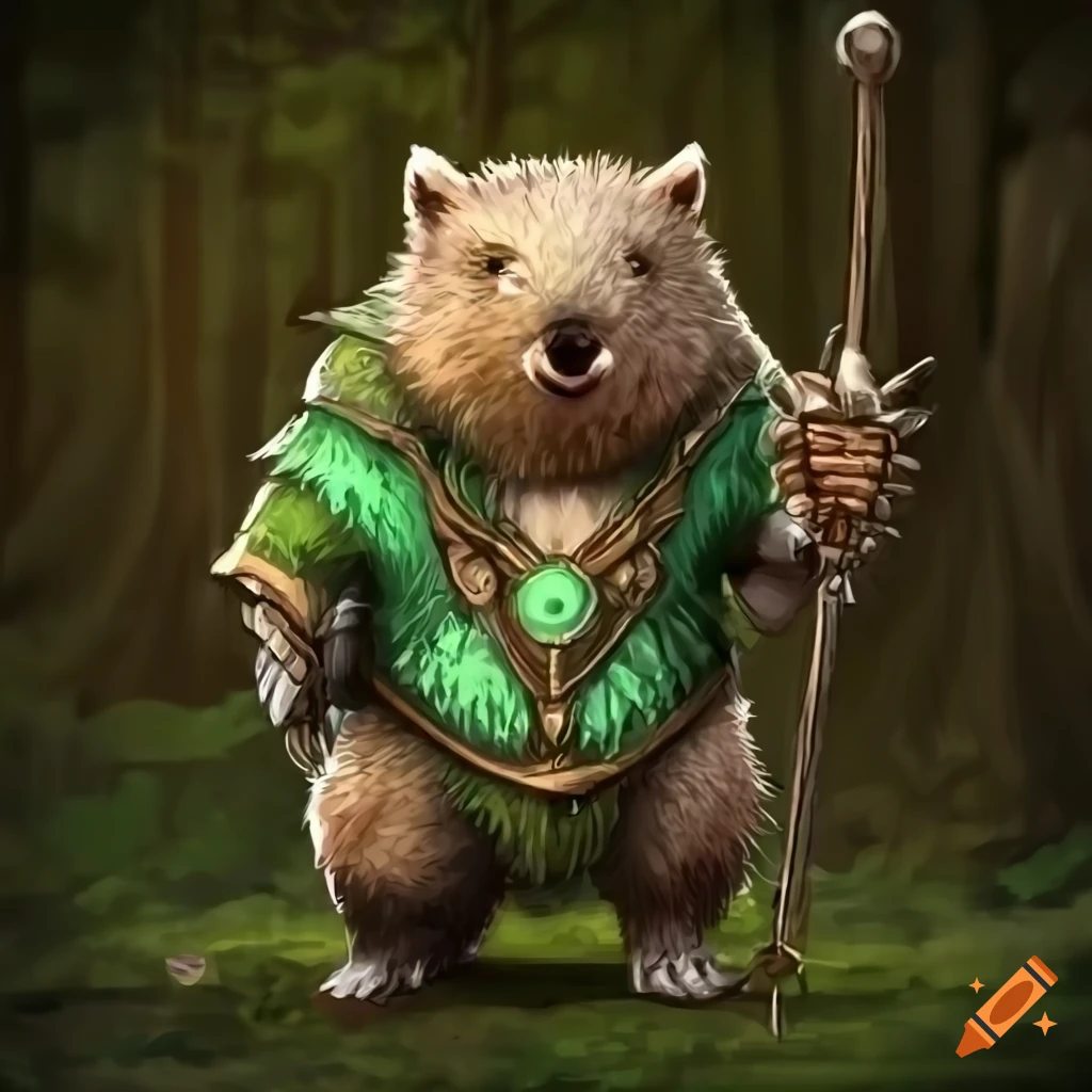 Anthropomorphic wombat in green druid armor