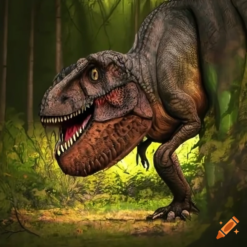 A peaceful tyrannosaurus rex resting in a sunlit forest on Craiyon