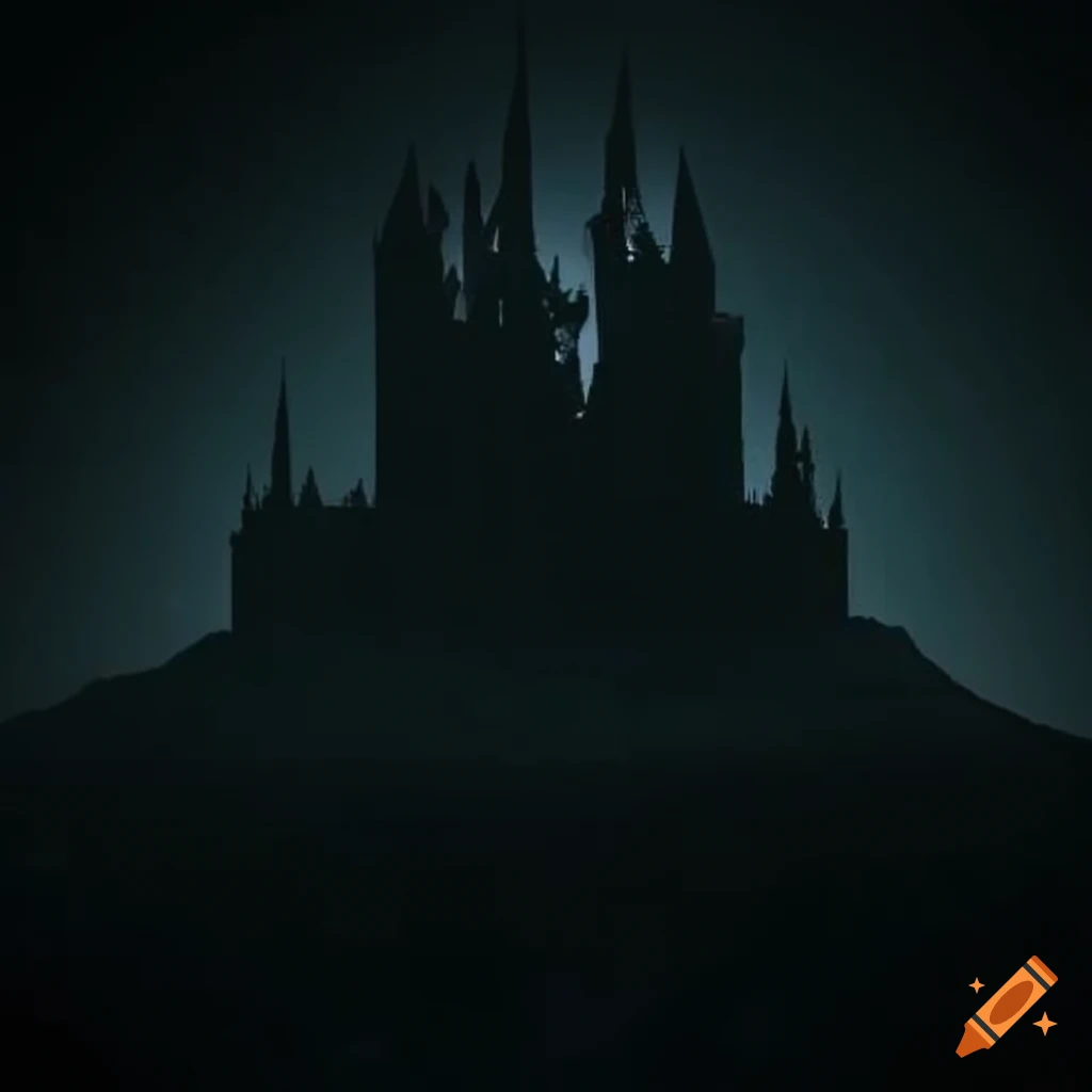 A huge black castle, as if located on a rock and built along it, in an ...