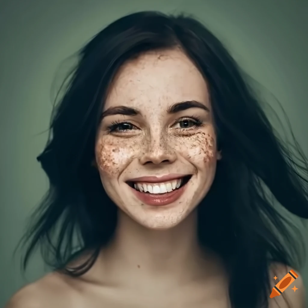 Beautiful young woman delicate freckles cheerful smile dark hair on Craiyon