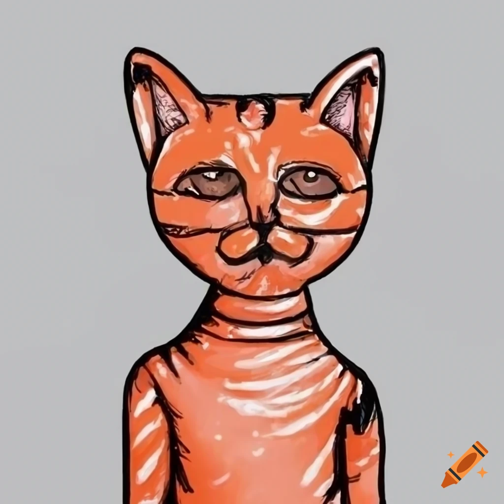 Simple anthropomorphic cat poorly drawn in crayon in the style of Junji ...