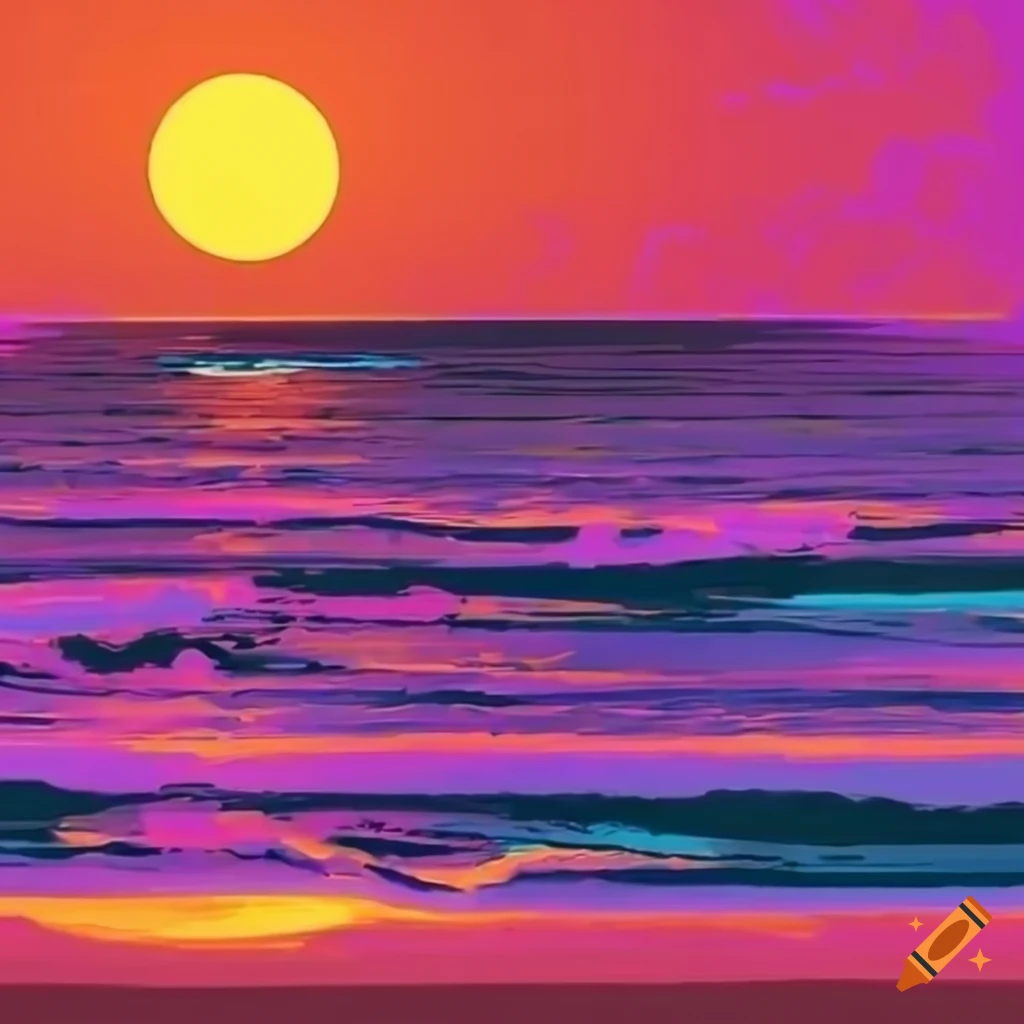 80's retro wave style, oceanside scene, sun on Craiyon