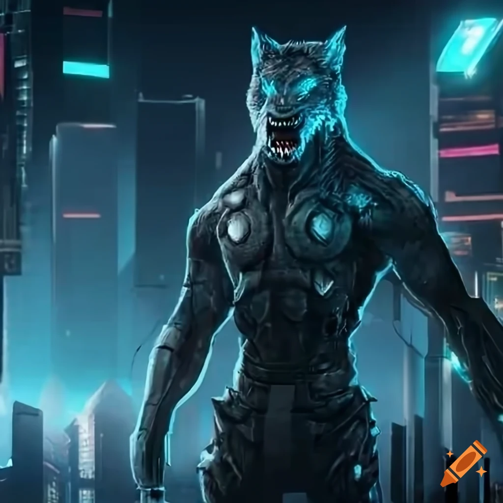 Cybernetic werewolf in futuristic city, 8k