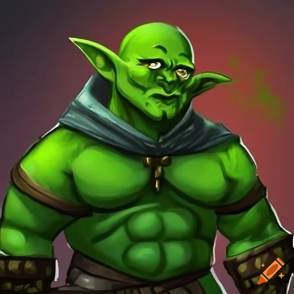 Bald fat green-skinned goblin warrior with a huge belly wearing armor ...