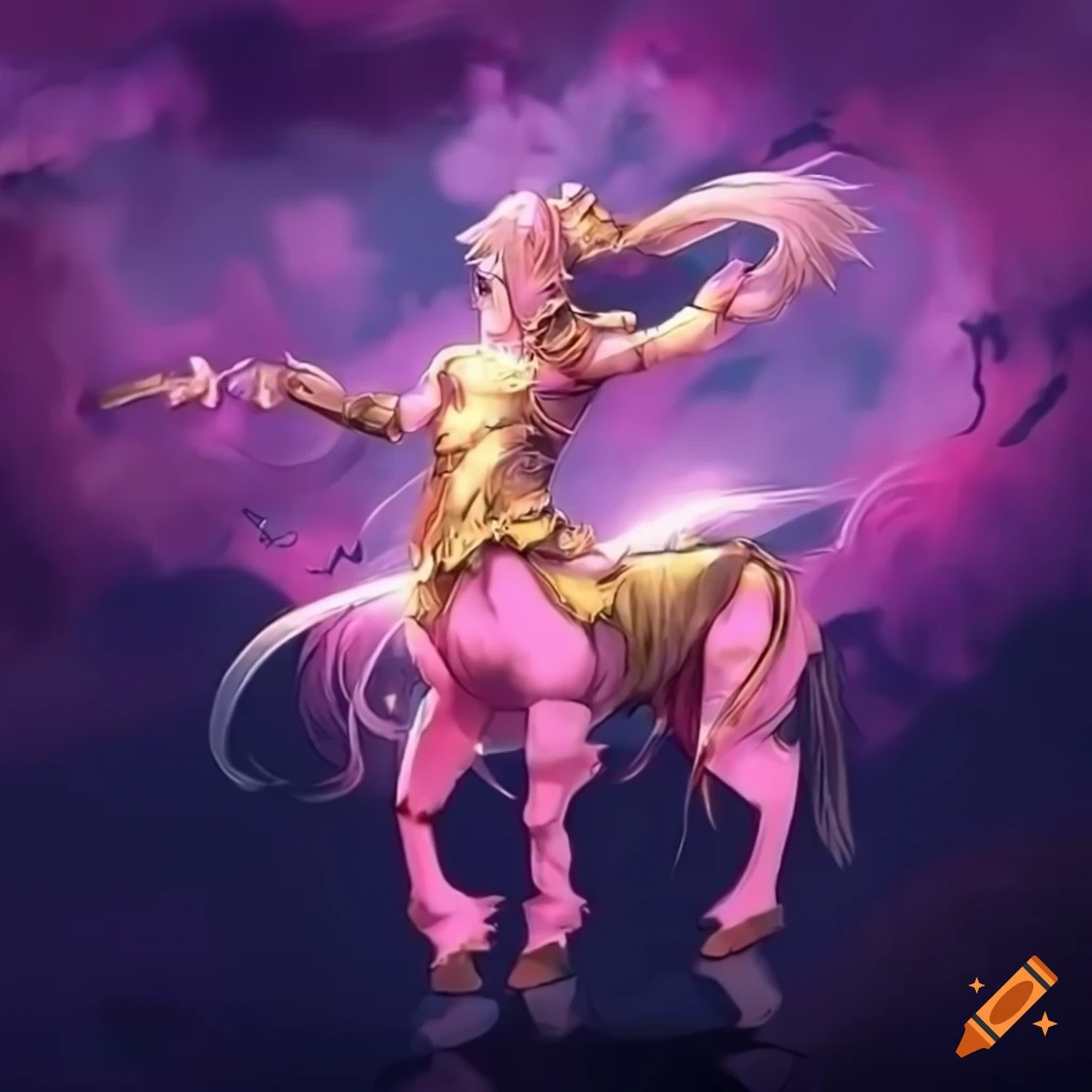 Centaurs racing through ethereal thick smoky clouds; gold armour, pink ...