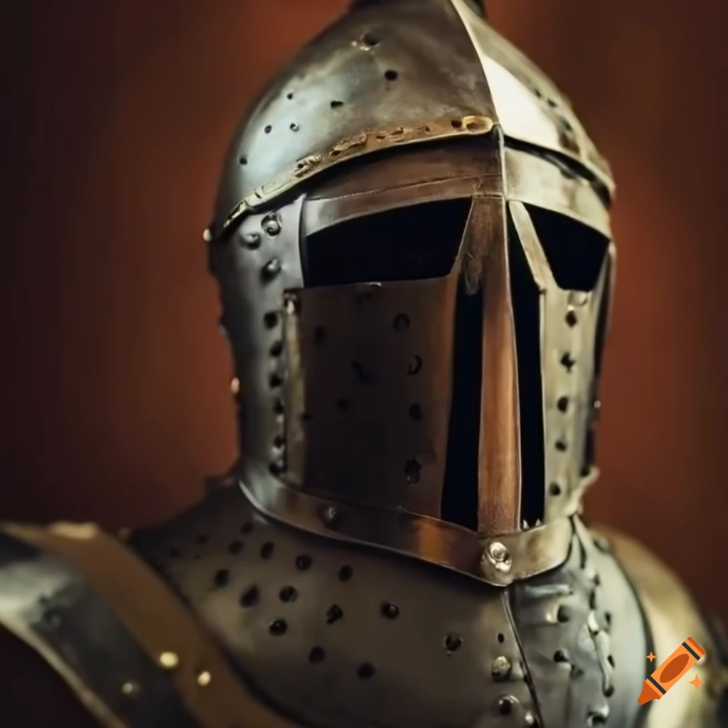 Close-up of a knight's ornate helmet on a wooden surface on Craiyon