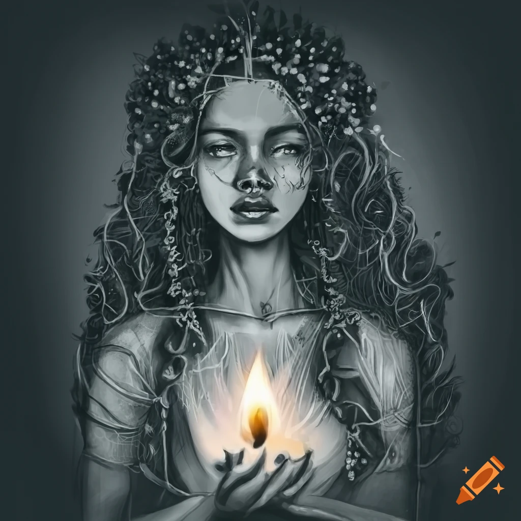 A black mystical druid woman with long wavy hair, covered in plants ...