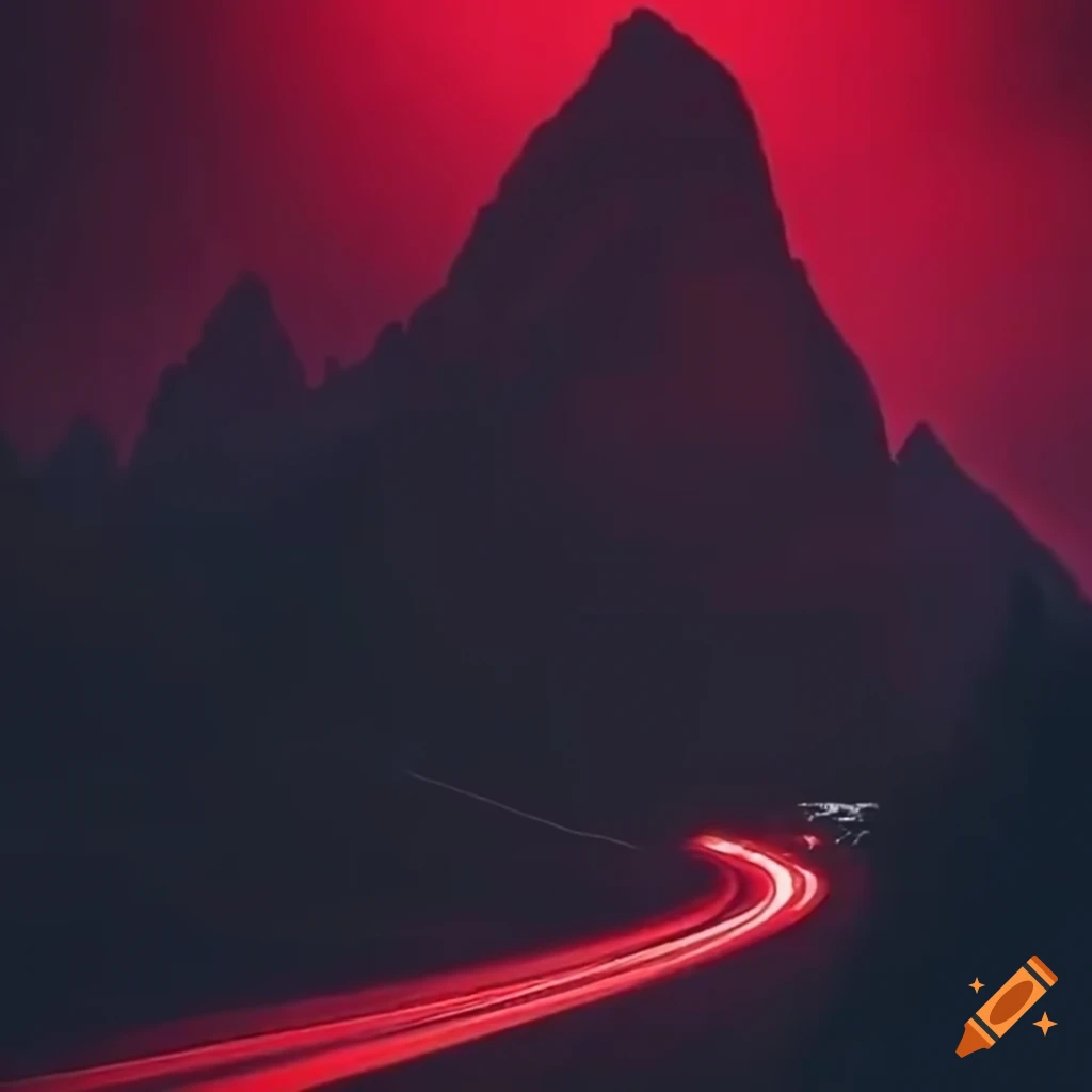 A dj playing a set in a road surrounded by mountains dark and red ...