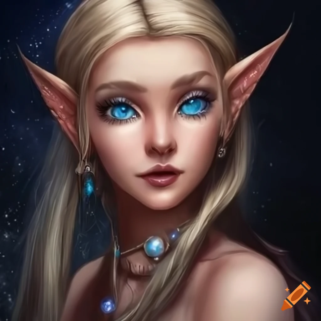 An elegant elf who has long blonde hair, fair skin, and blue eyes with ...