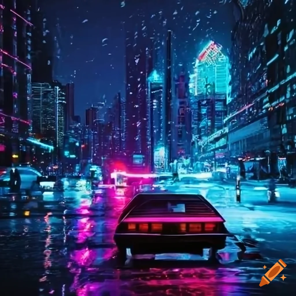 Dolorean car driving toward a neon lit, rainy megalopolis