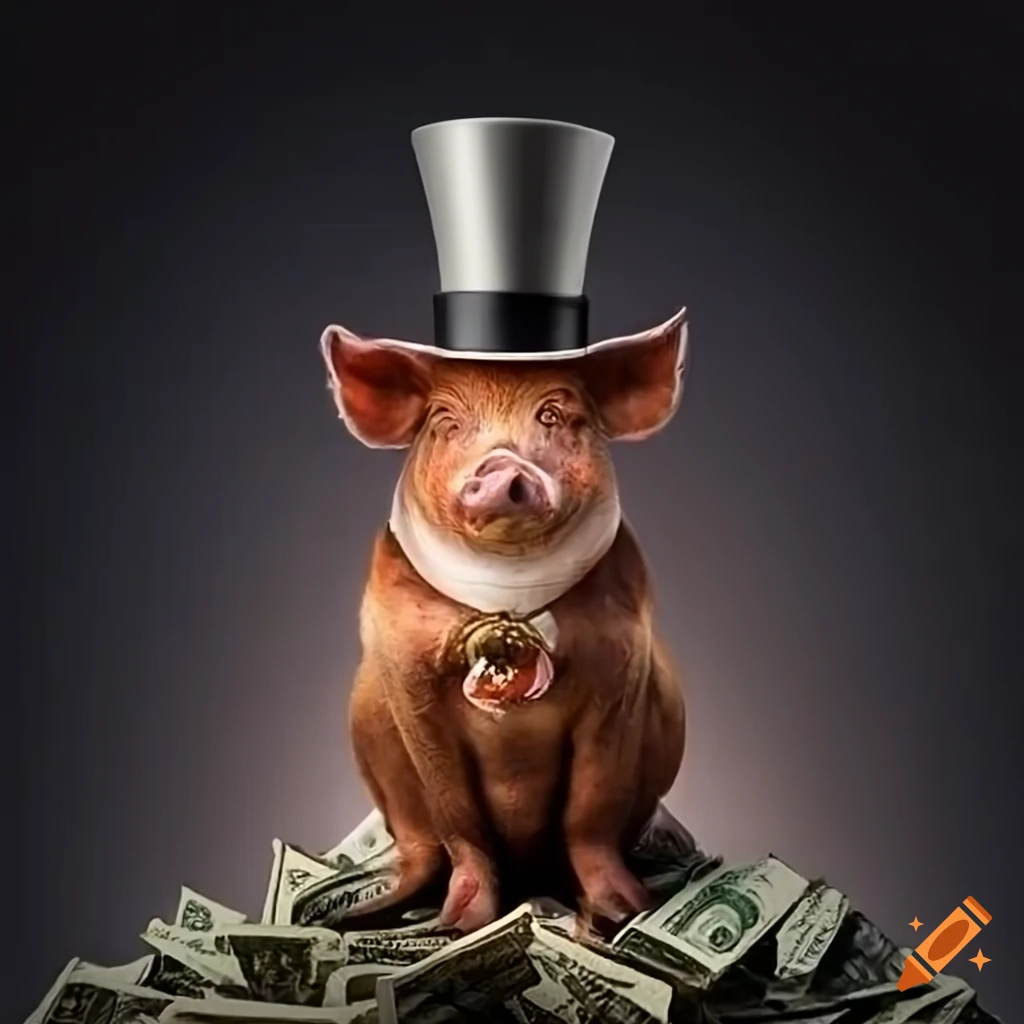 Capitalist pig with top hat and cigar sitting in a money pile on Craiyon