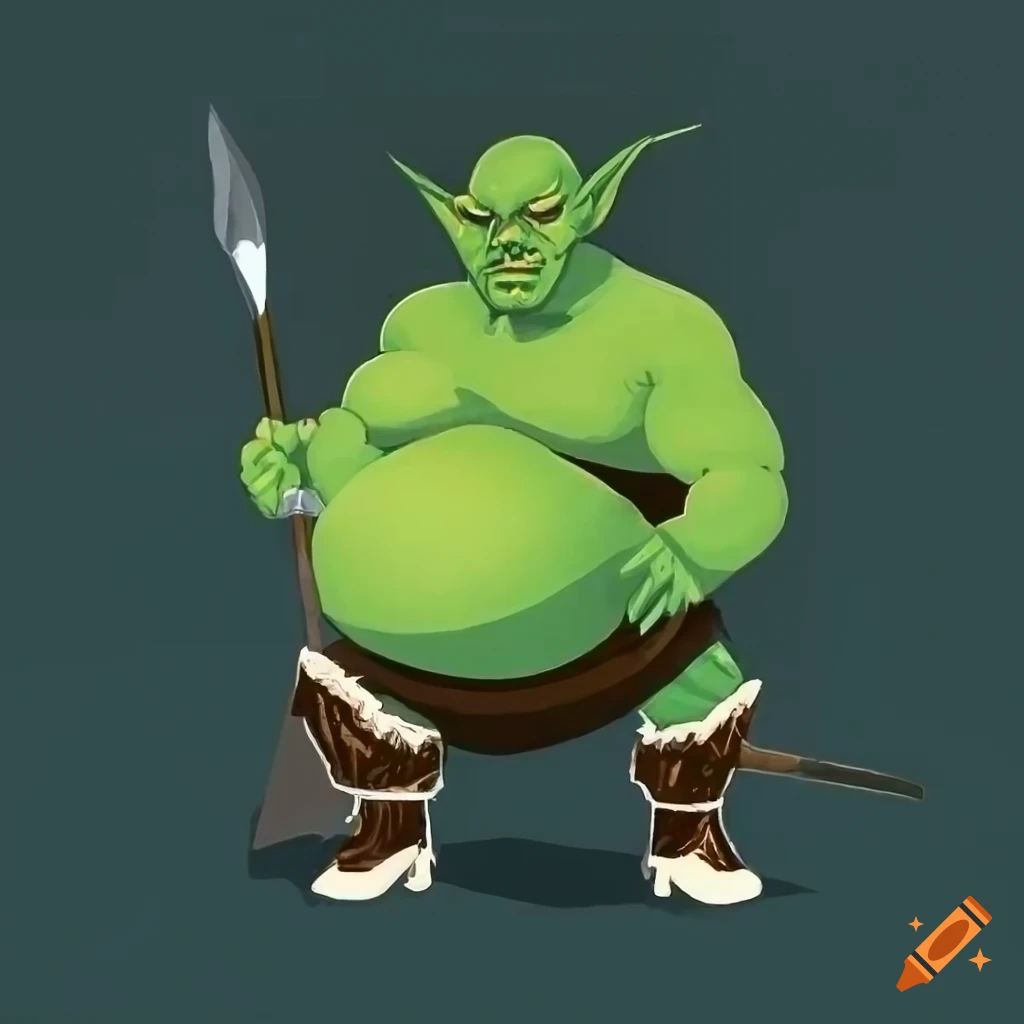 Bald fat green-skinned goblin warrior with a huge belly wearing a ...