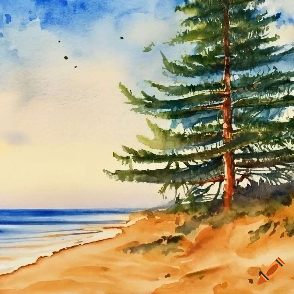 Pine on the sandy shore watercolor on Craiyon