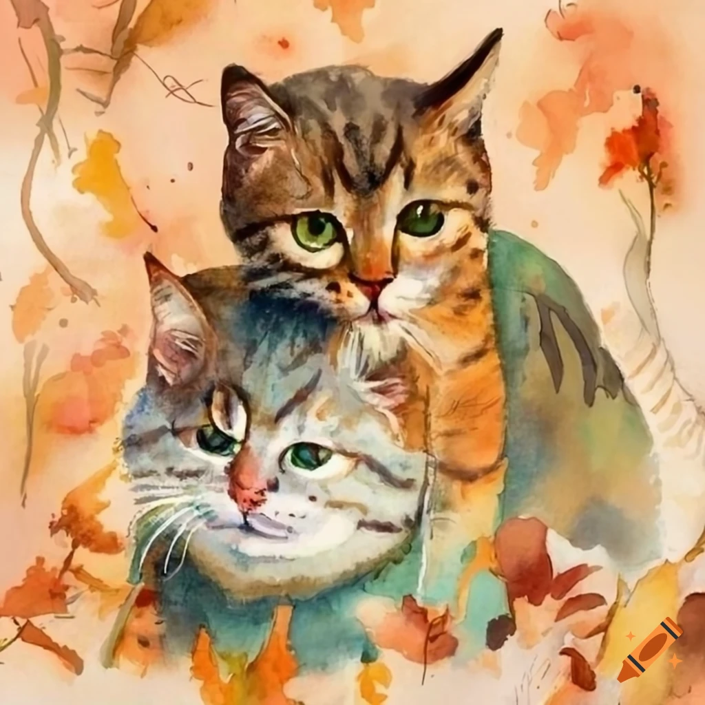 Two calm cats painted with watercolor, cats hugging each other ...