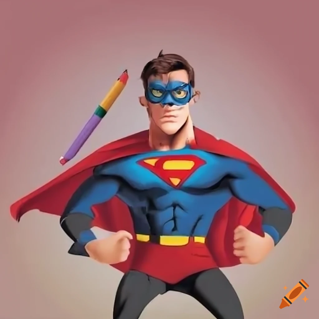 A super hero holding books wearing reading glasses holding a pencil