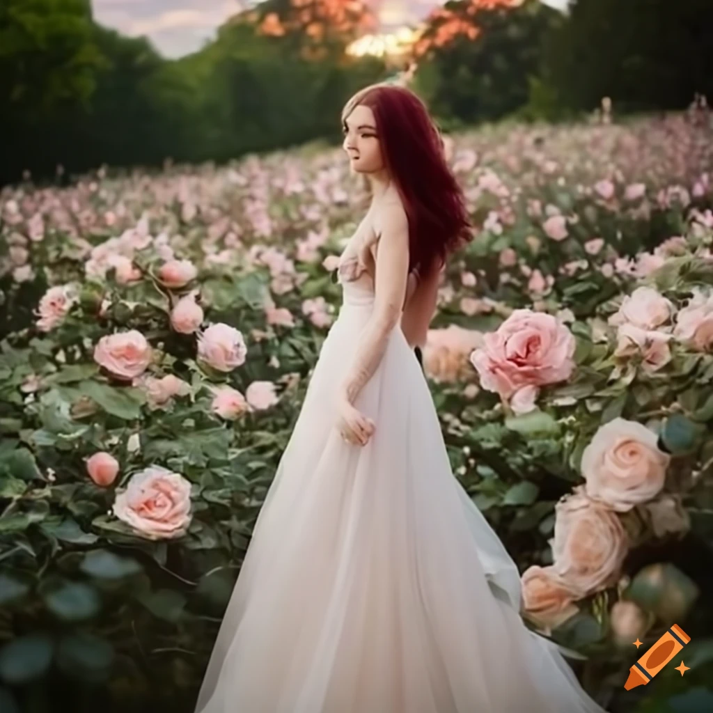 A breathtakingly beautiful woman stands amidst a garden of blooming ...