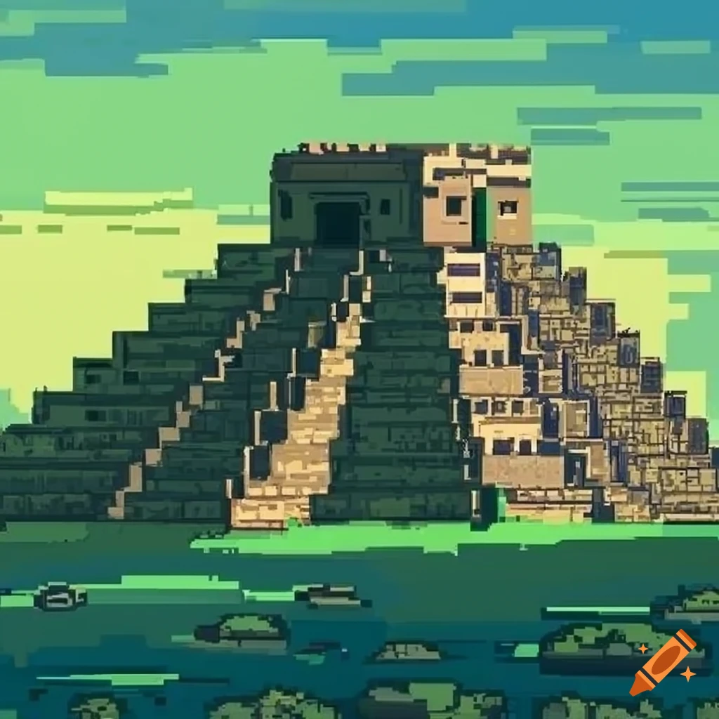 Landscape of an aztec settlement small houses pixel art style quality ...