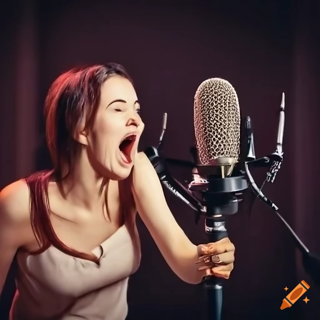 Woman full of emotions singing to a microphone in the recording studio on Craiyon