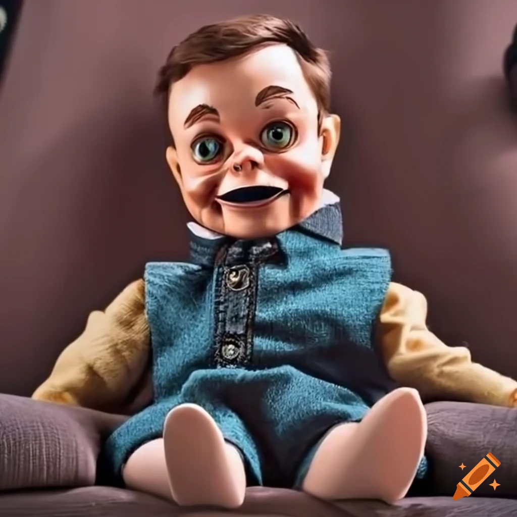 A photo of Elon Musk as a dummy ventriloquist doll sitting on a couch ...