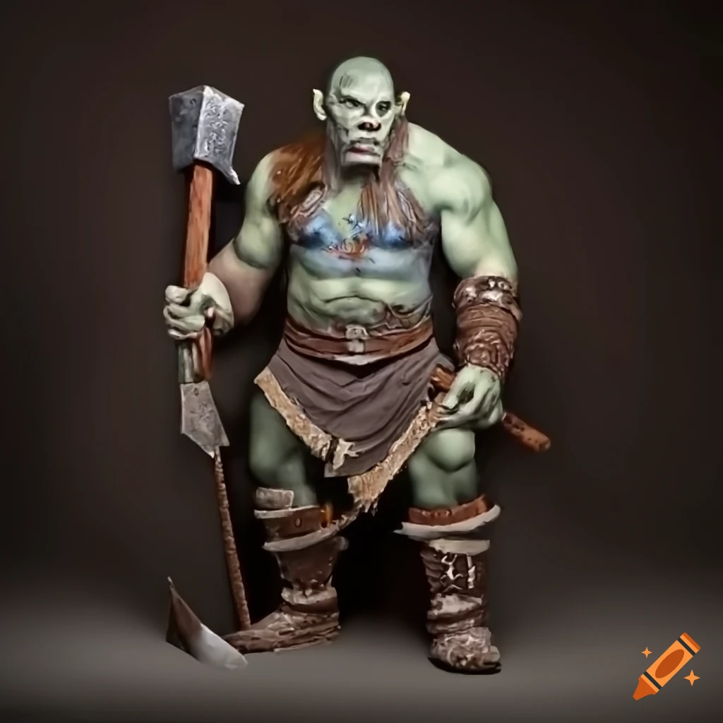 Design a half orc barbarian with blue grayish skin, jutting jaws ...