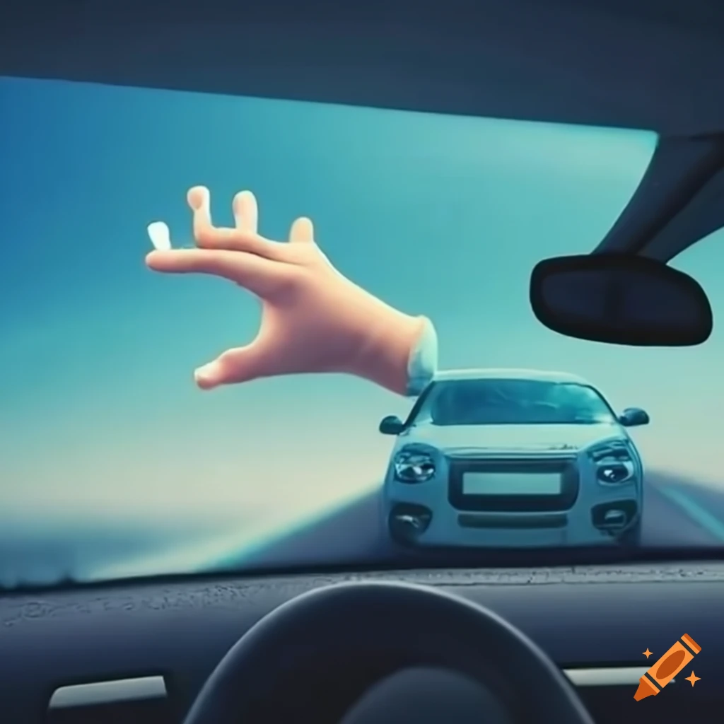 Human hand sticking through the window of a car that’s driving on a cloud