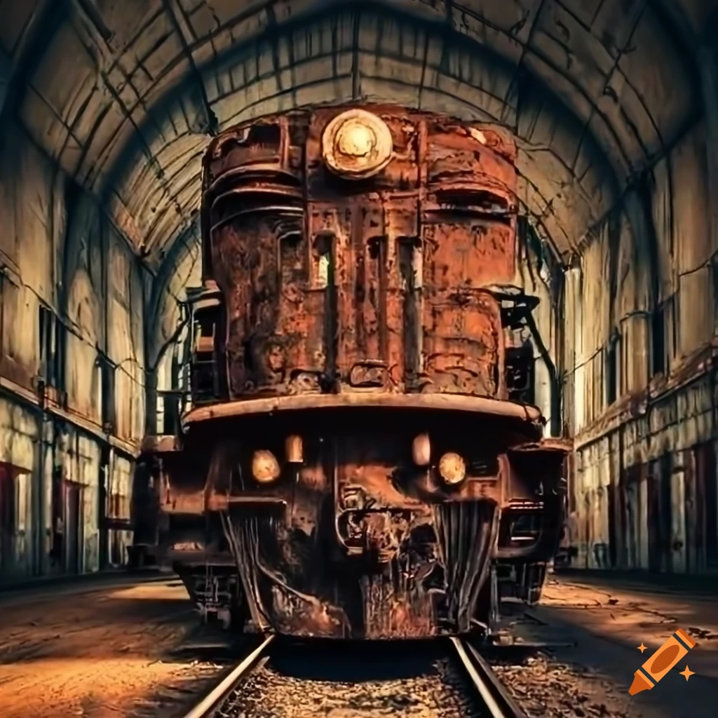 Rusty train in train hall, nature taking back, photorealistic on Craiyon
