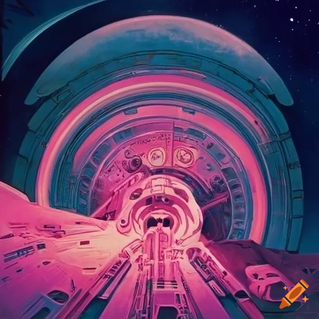 70s sci fi pale pink engine art on Craiyon