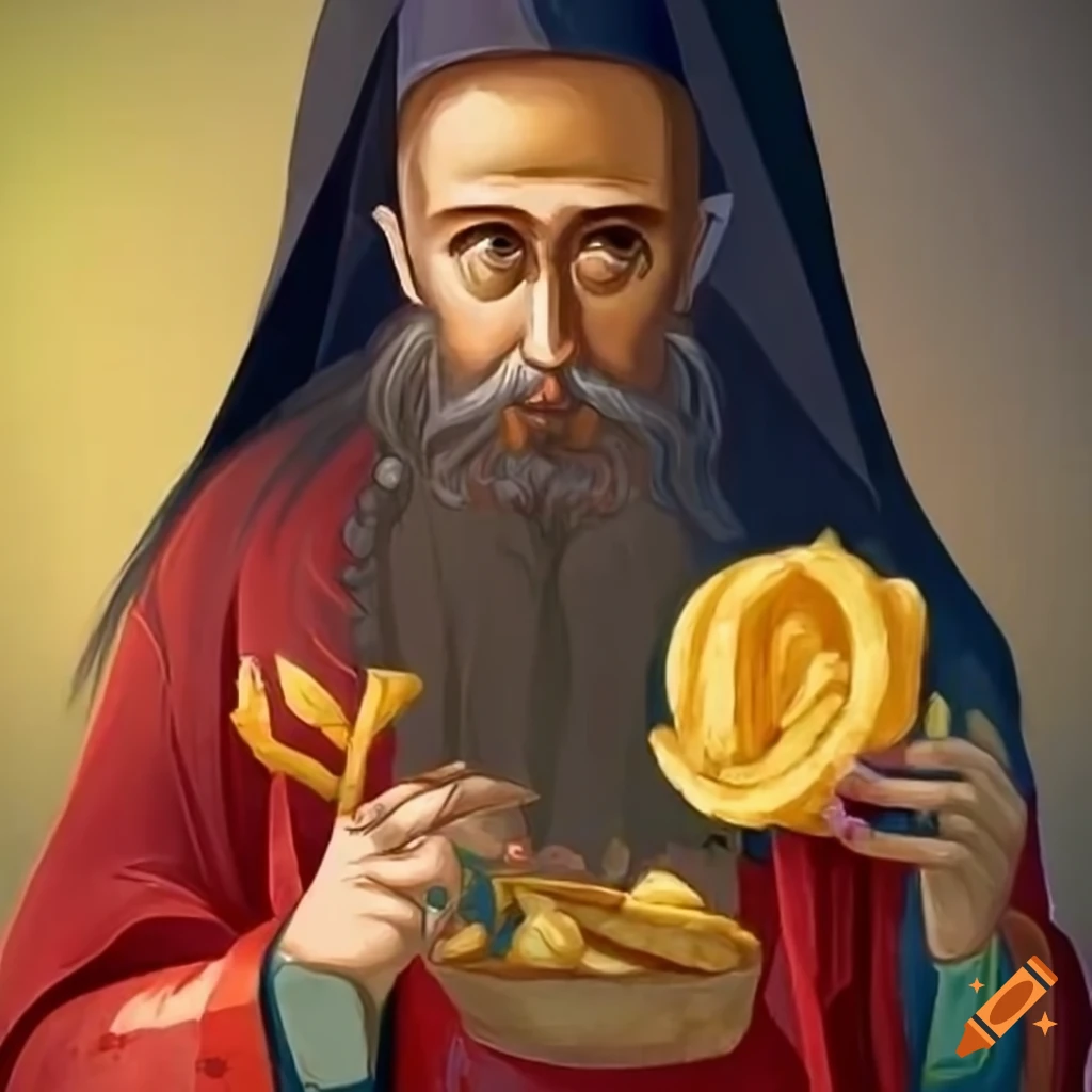 Icon of a potato depicted as an orthodox saint with potato plants and ...