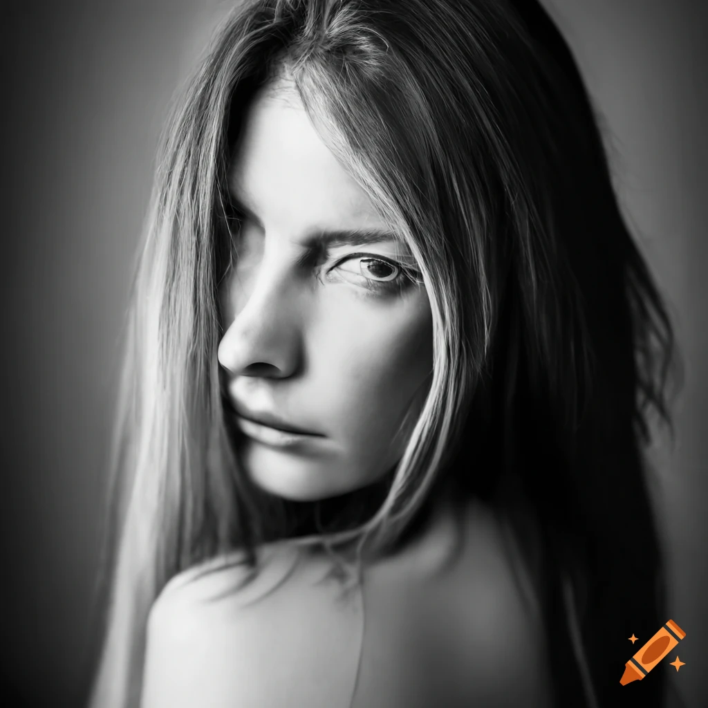 Photography studio, black and white portrait, unsmiling woman, full ...