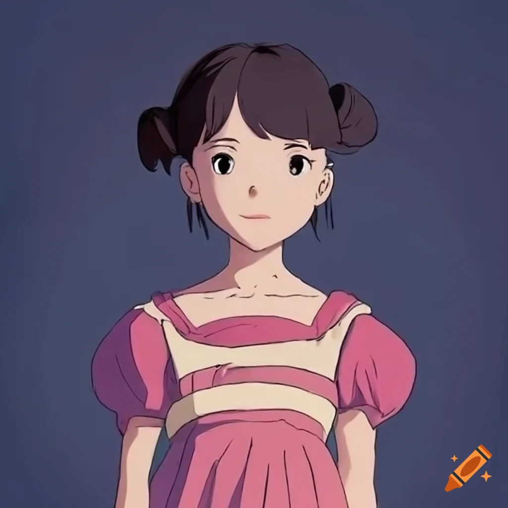 Studio ghibli girl waking true a town with black hair wearing a dress ...