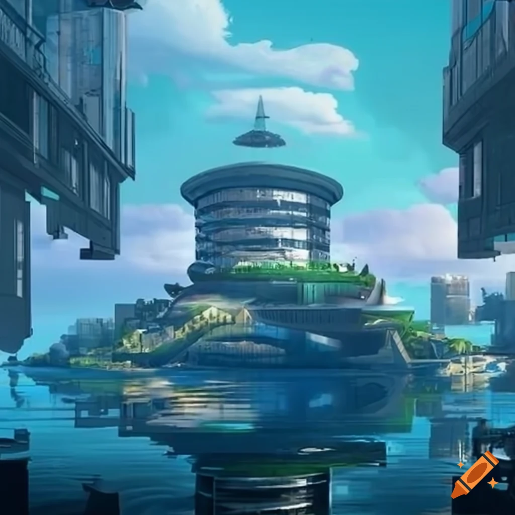 Futuristic watercityscape with vibrant anime-inspired architecture