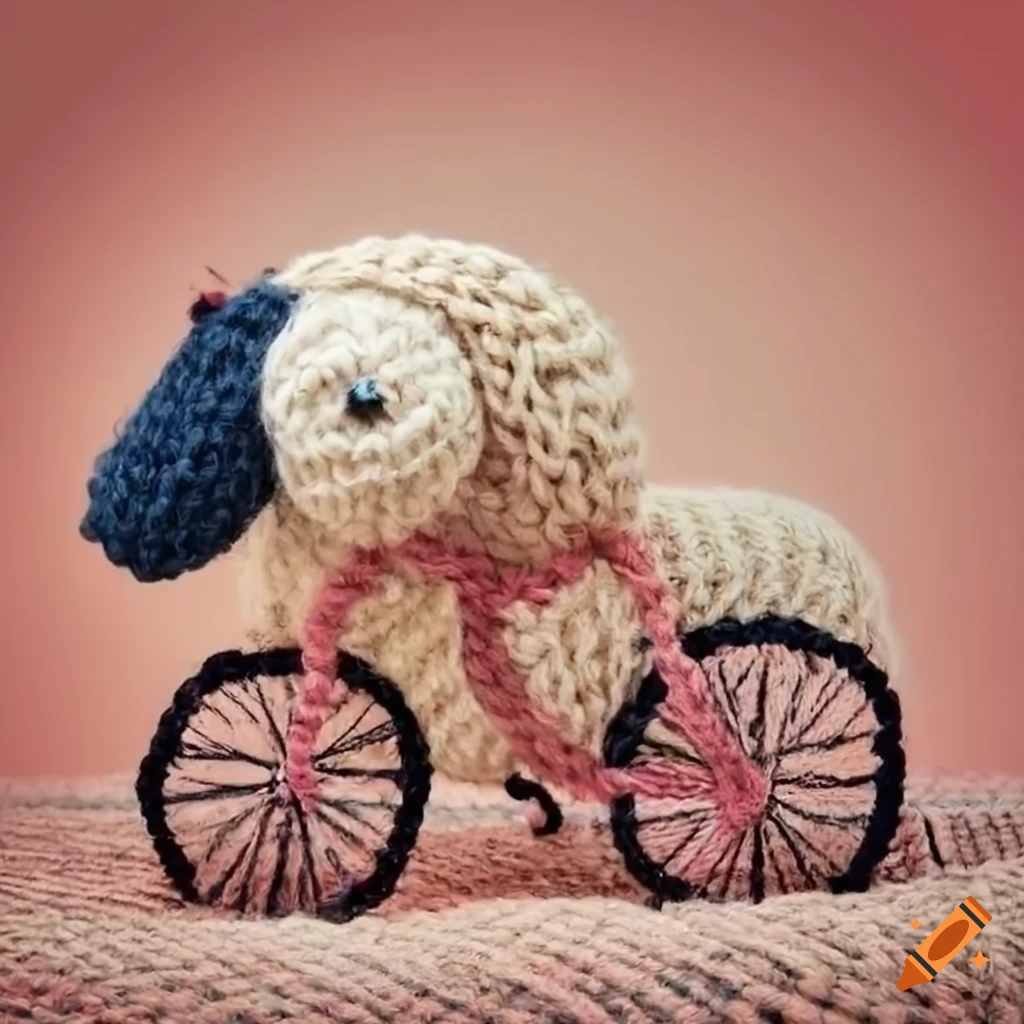Sheep riding a bicycle on a knitted woolen road on Craiyon