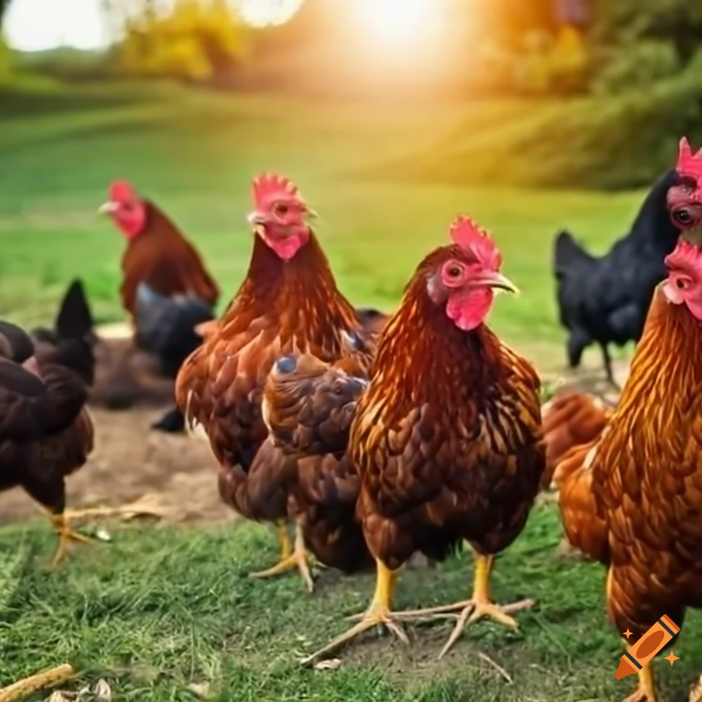 A group of chickens enjoying a sunny day on a farm on Craiyon