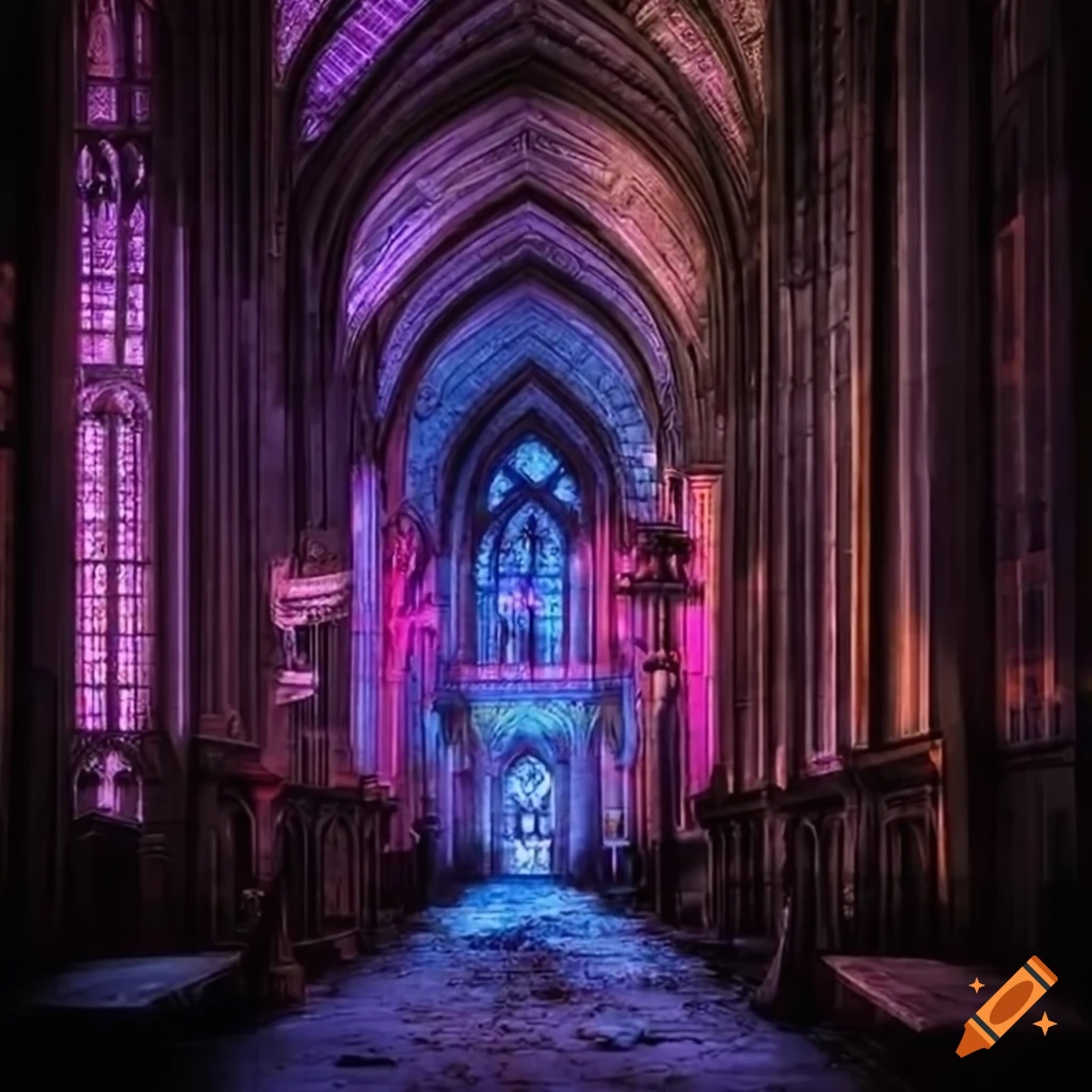 Abandoned gothic cathedral with arcade machines and neon lights on Craiyon